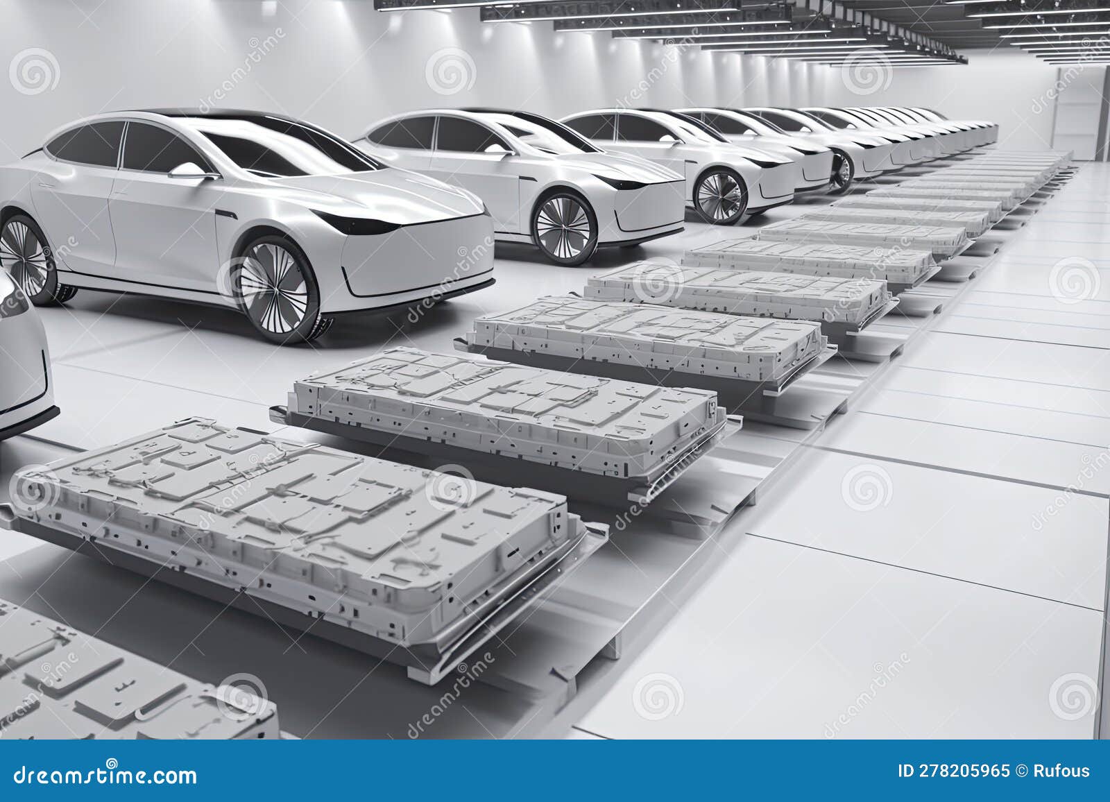 Electric Cars with Pack of Battery Cells Module on Platform in a Row ...