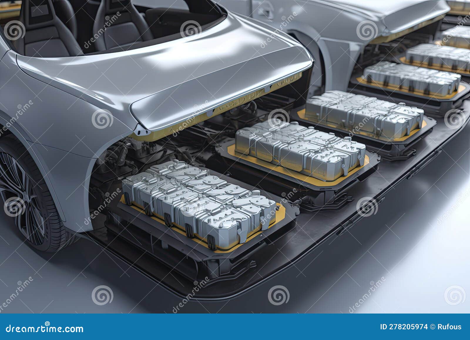 Electric Cars with Pack of Battery Cells Module on Platform in a Row ...