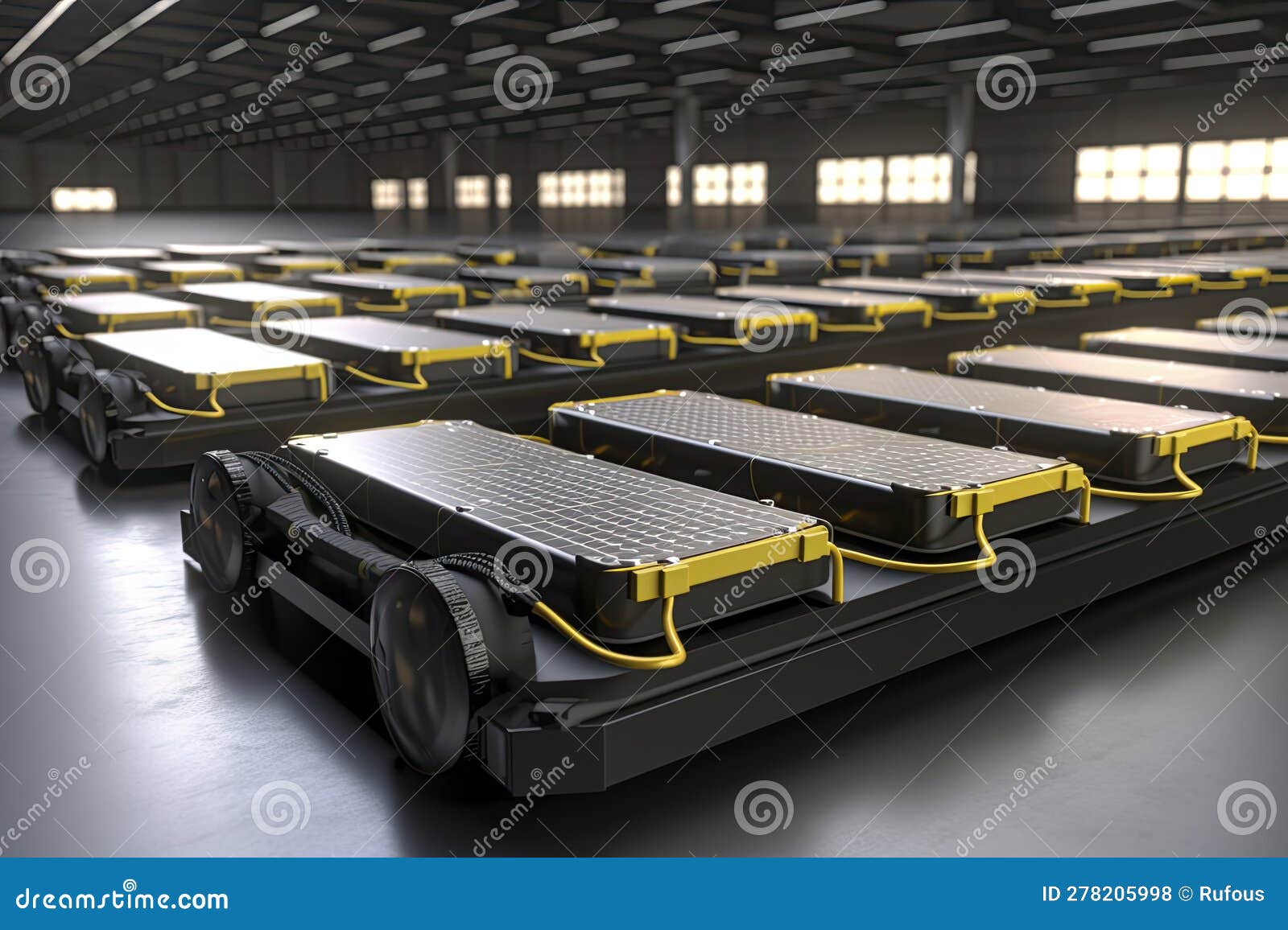 Electric Cars with Pack of Battery Cells Module on Platform in a Row ...