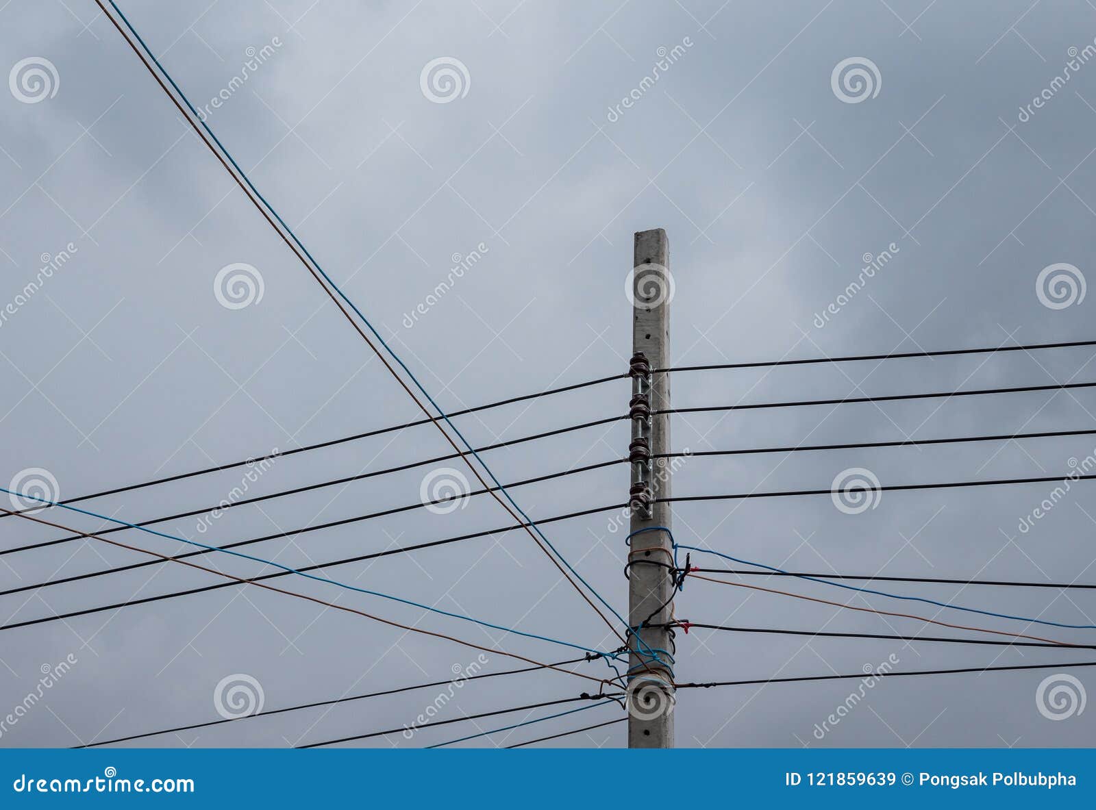Electric Concrete Pole with the Complex Cable. Stock Image - Image of ...