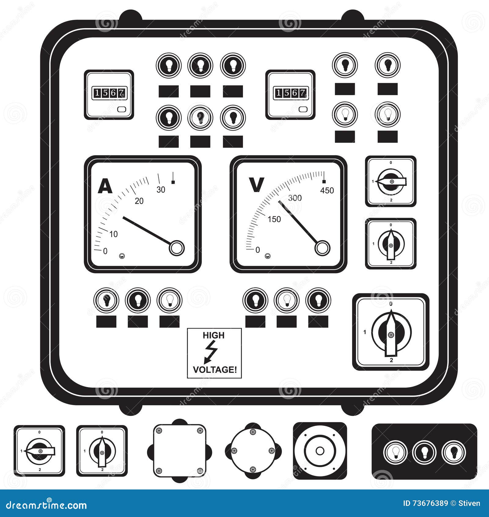 Electric Control Panel With Switches And Lights Displaying Different ...