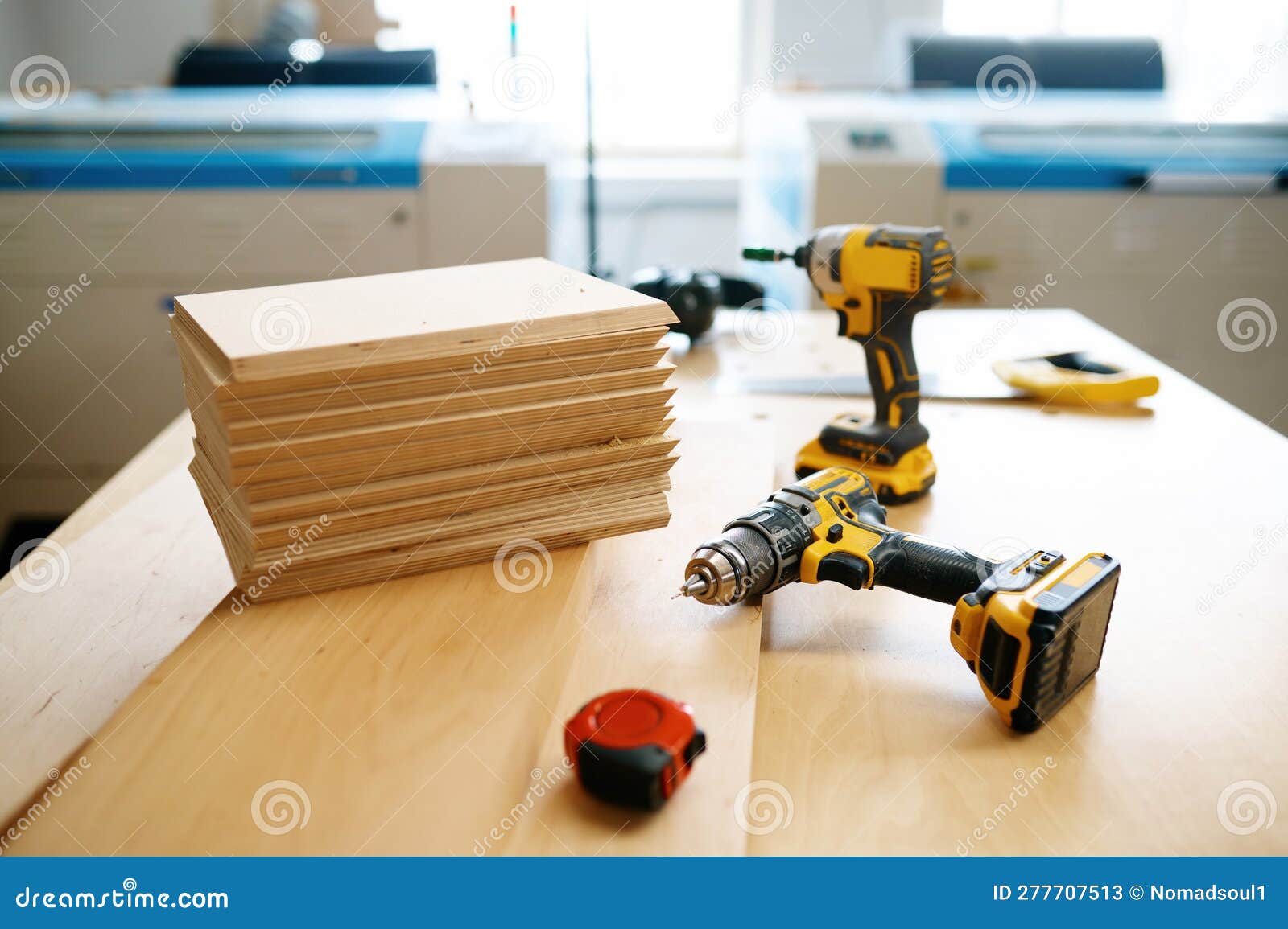 Electric Drill, Ruler and Wooden Board at Carpenter Workplace Stock ...