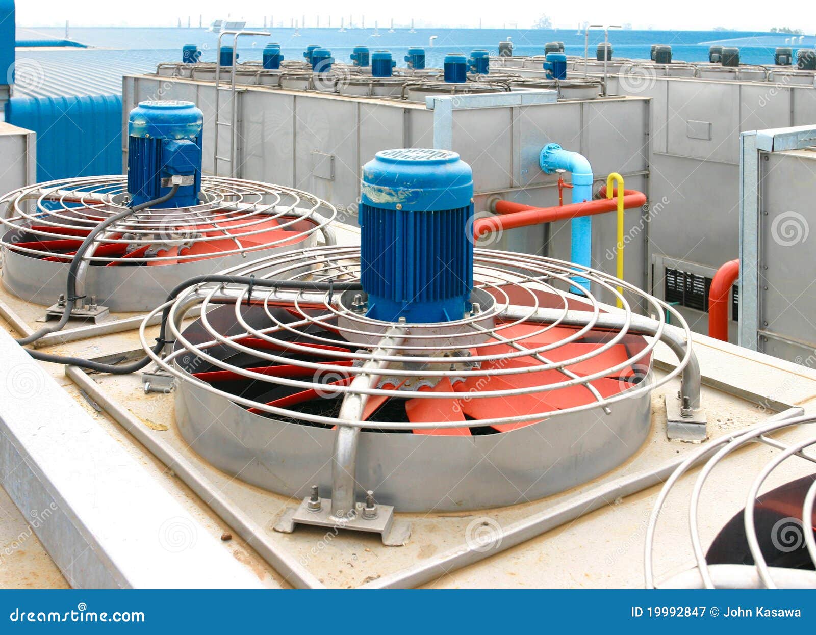 Air Ventilation Exhausting Blower And Chiller Pipe On Roofing Floor Of ...