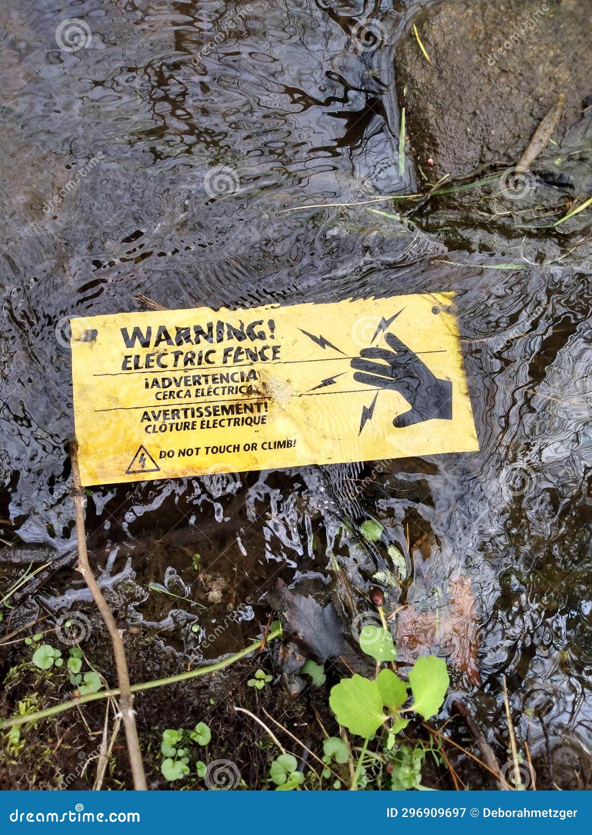 Electric Fence Warning Sign Floating in Stream Stock Image - Image of ...