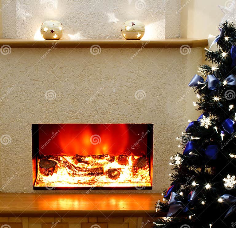 Electric Fireplace with the Christmas Tree Stock Photo - Image of ...