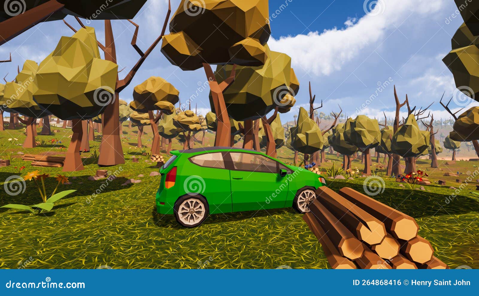 An Electric Green Car in a Natural Environment Low Poly 3d Render Stock ...
