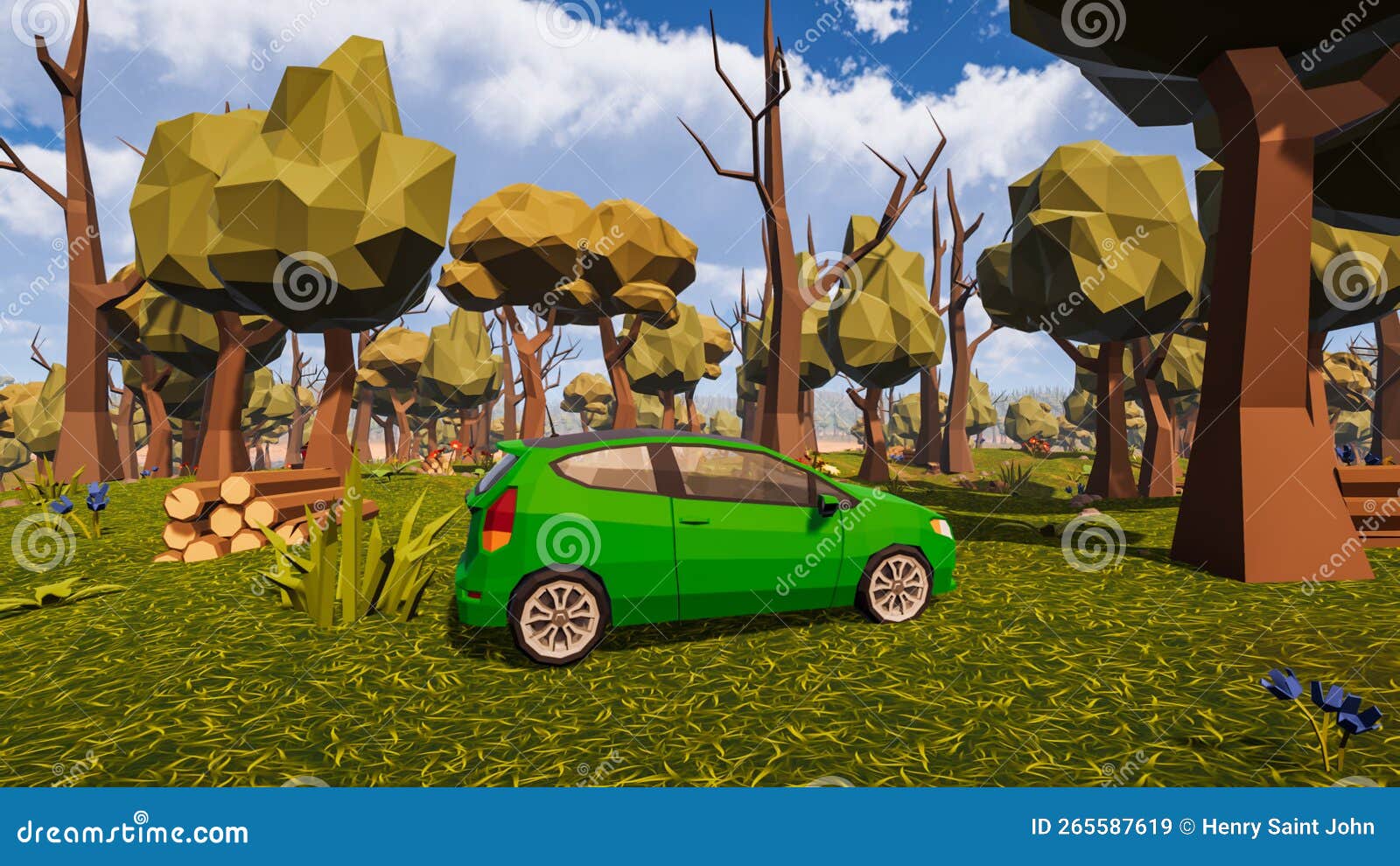 An Electric Green Car in a Natural Environment Low Poly 3d Render Stock ...