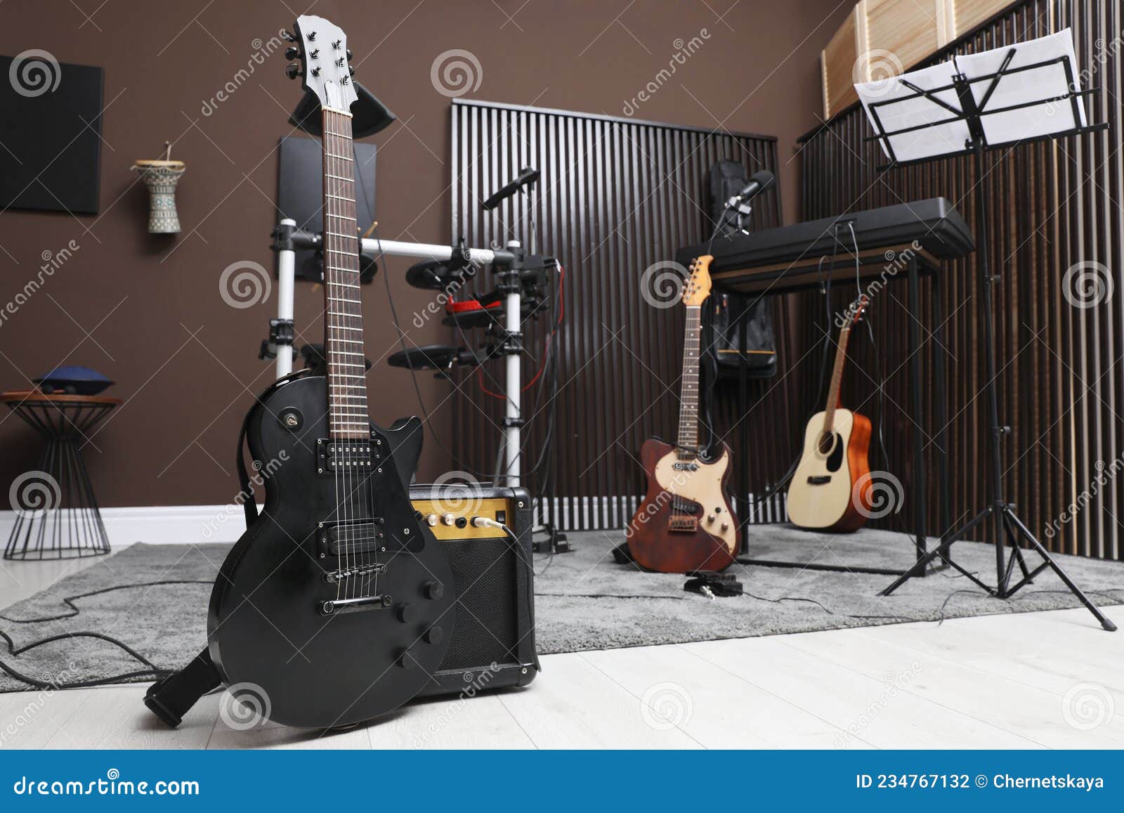 Electric Guitar with Amplifier at Recording Studio. Music Band Practice ...