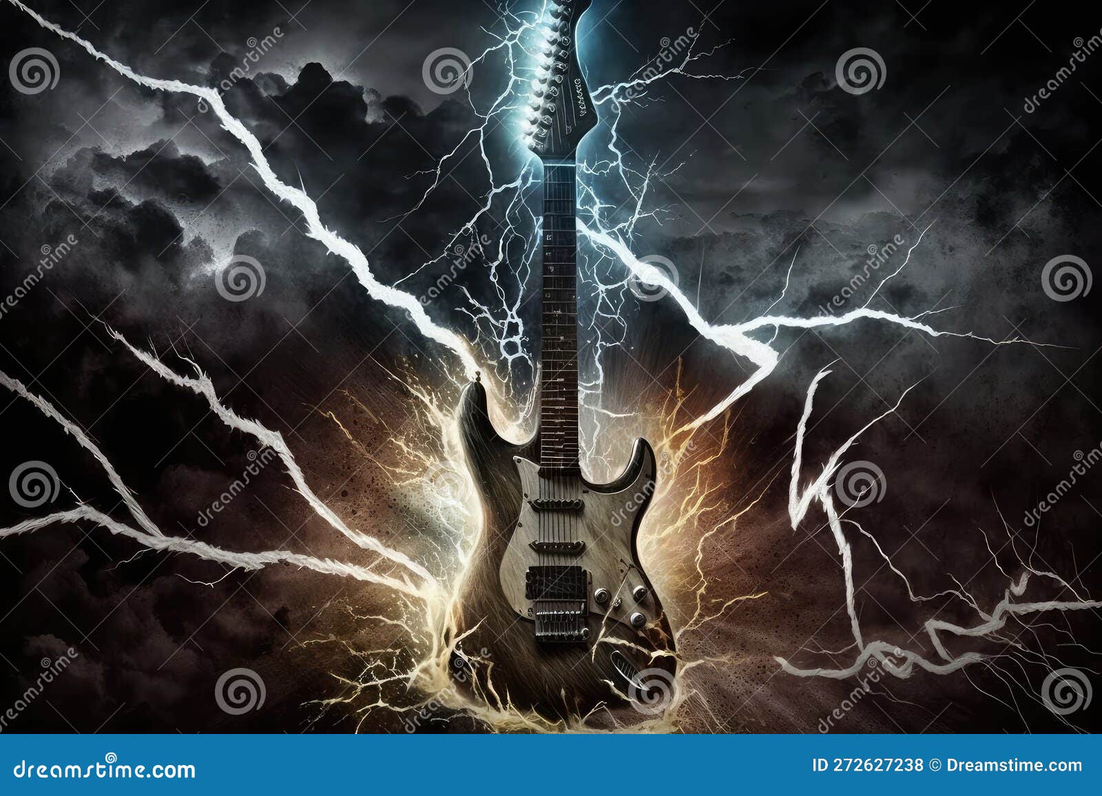 Electric Guitar, with Lightning Strikes in the Background, Creating ...