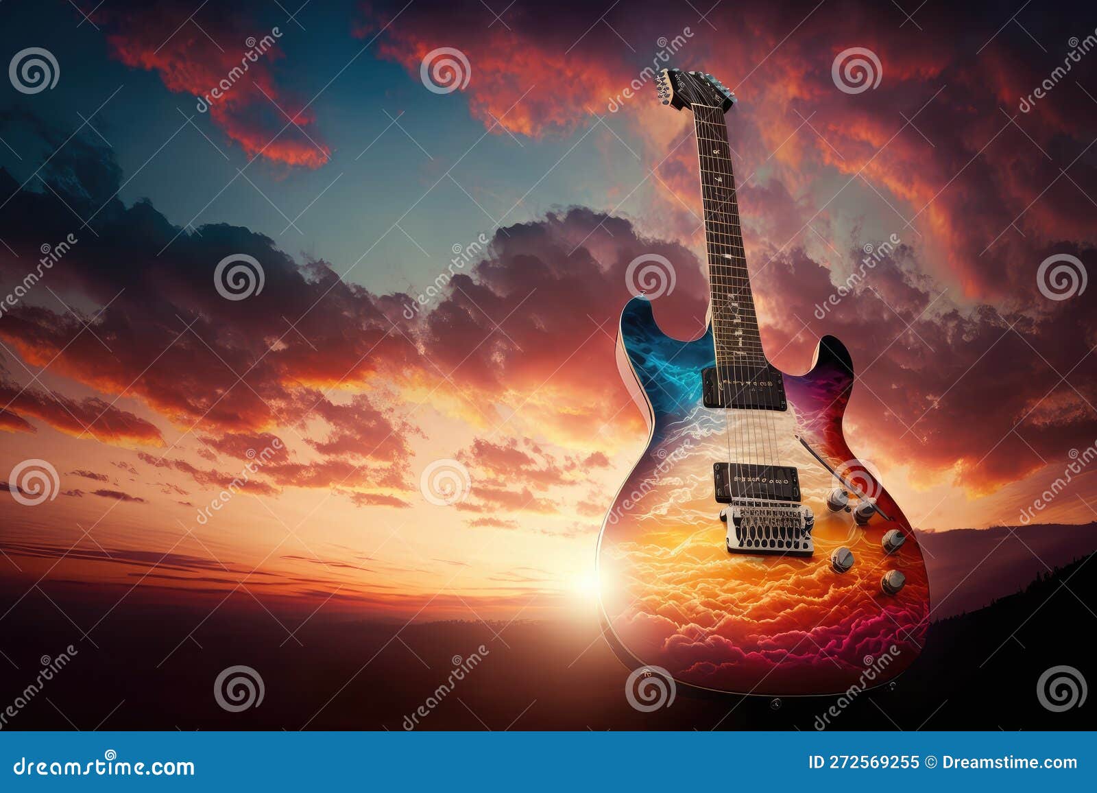 Electric Guitar, with the Sun Setting in the Background, Against a Sky ...