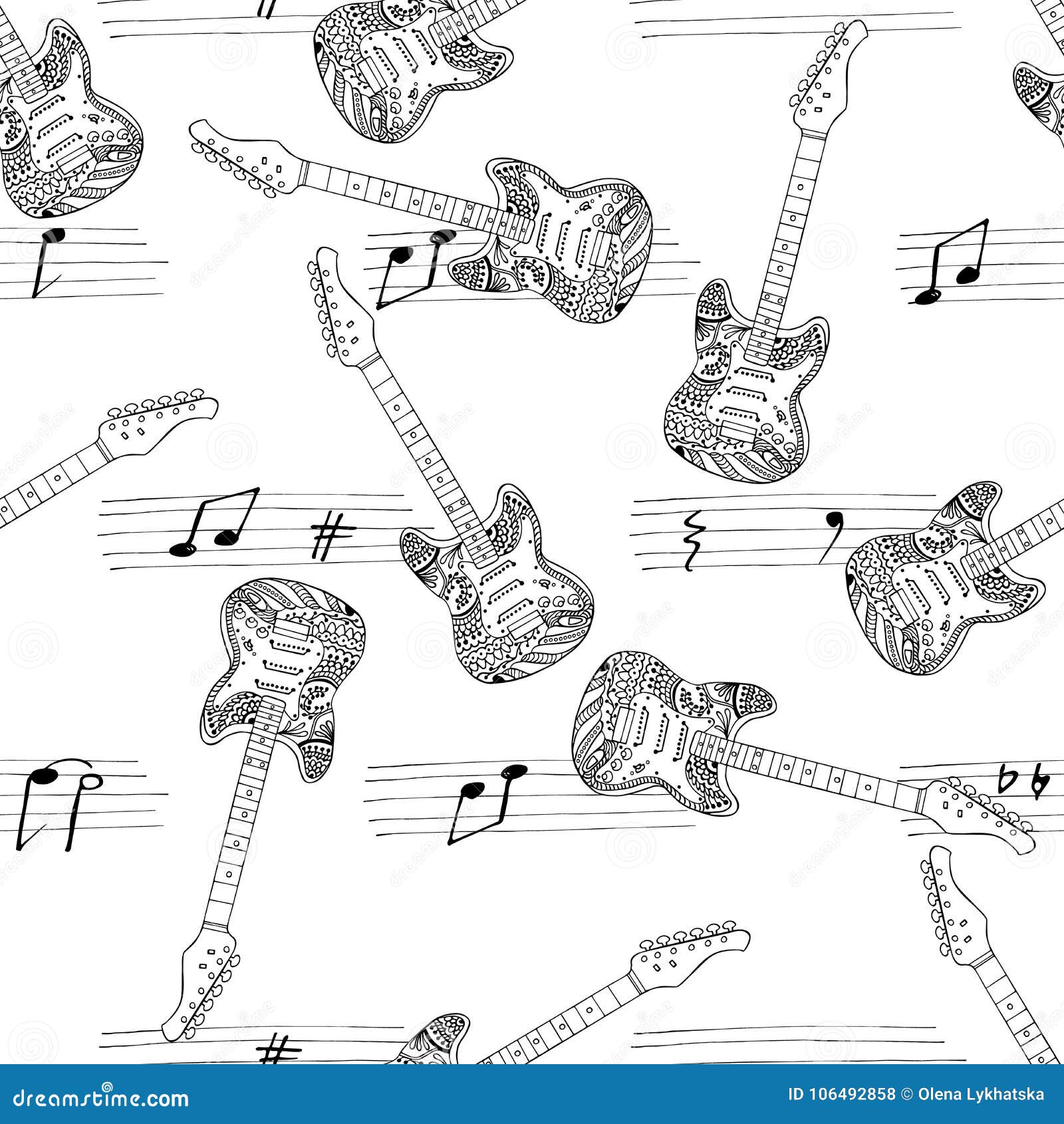 Electric Guitars Pattern with Notes Hand Drawn Stock Vector ...
