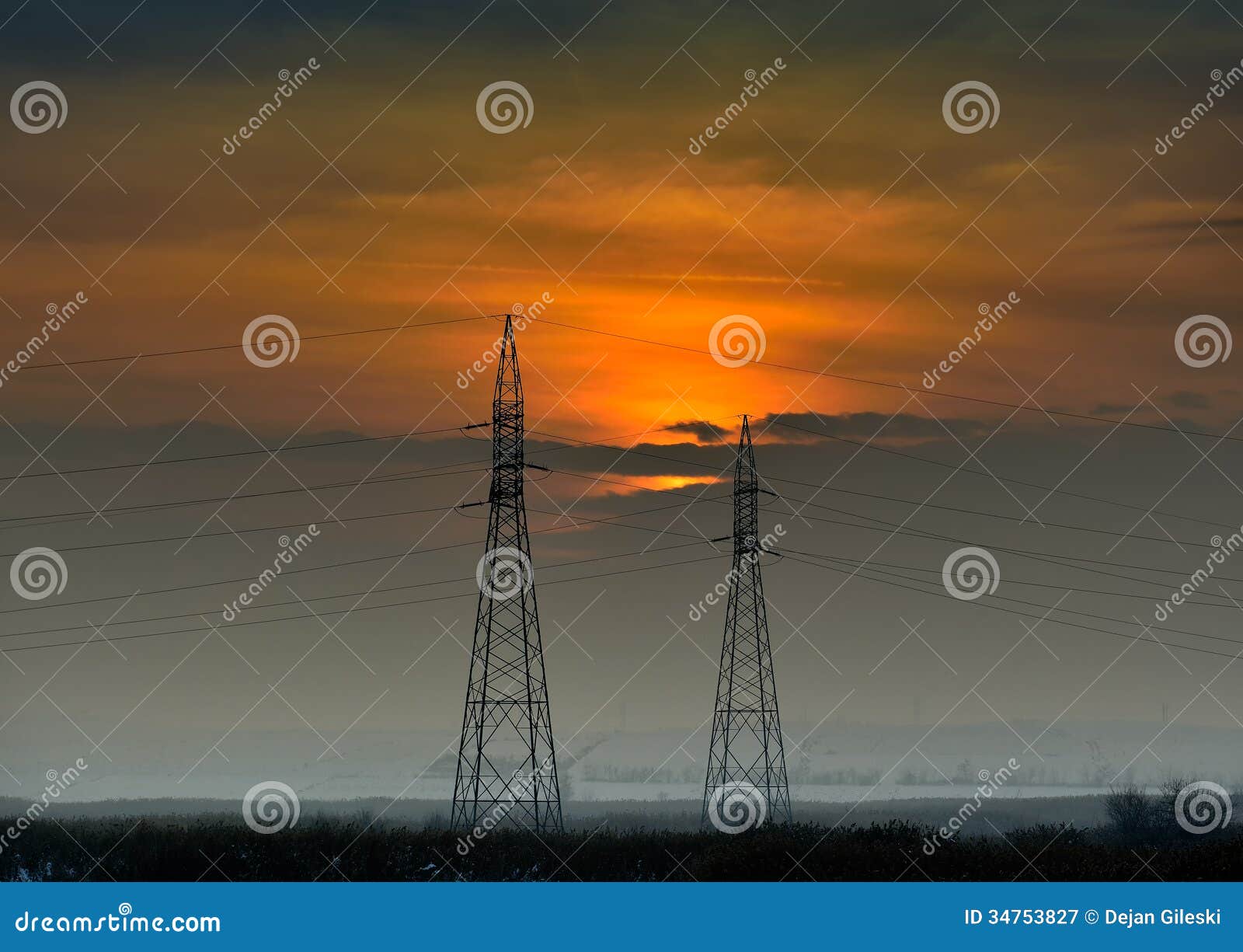 Two Electric High Voltage Transmission H-frame Power Towers Pylons ...