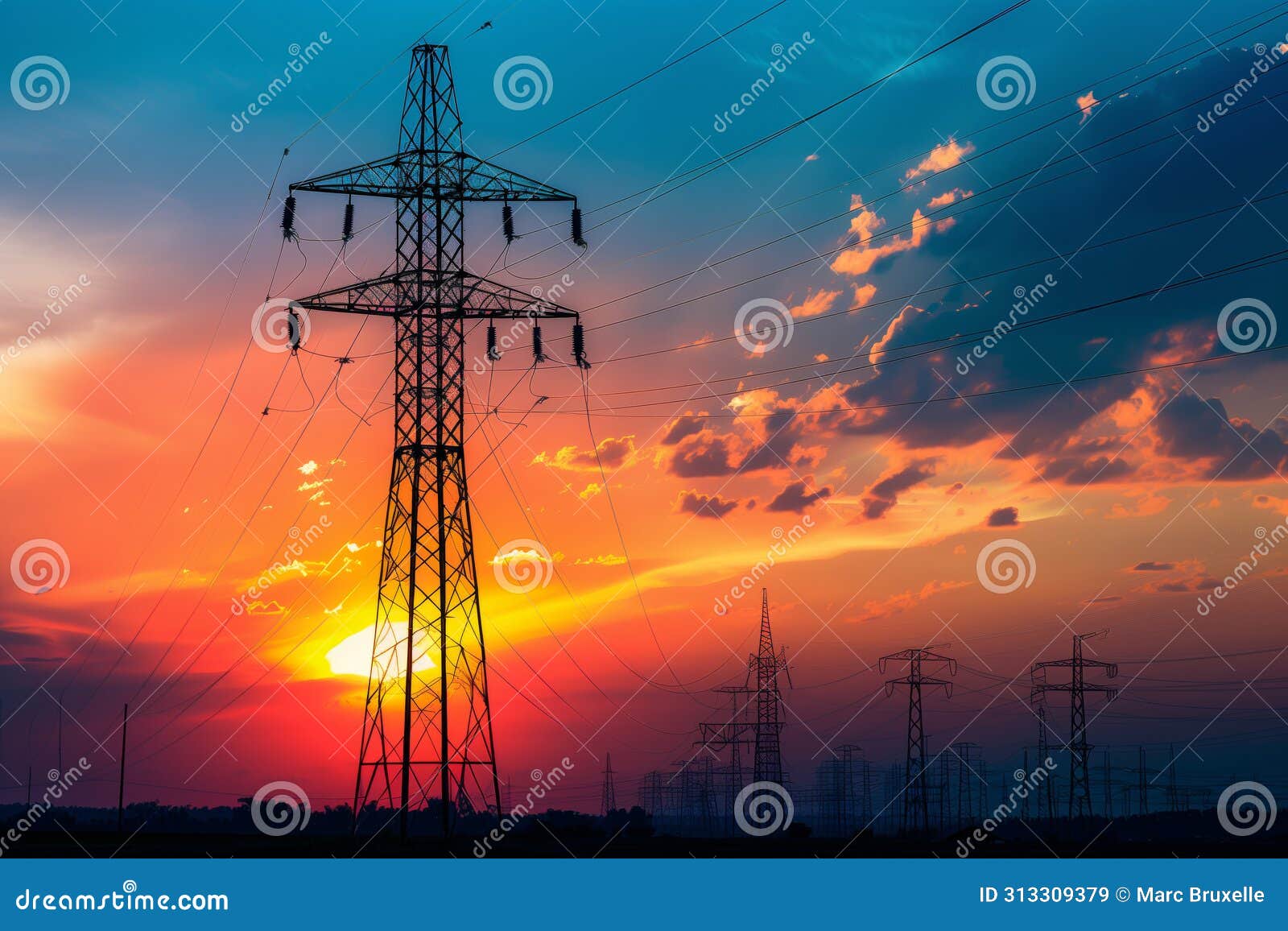Electric High Voltage Power Towers at Sunset - AI Generated Stock ...
