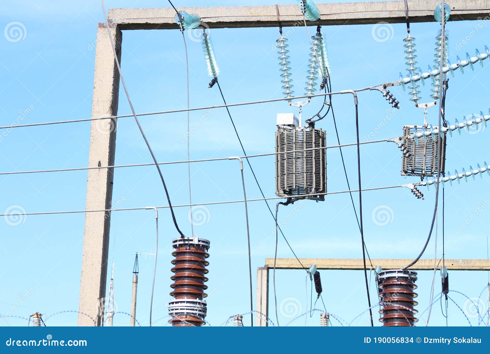 Electric High Voltage Tower and Electric Transformers Against the Sky ...