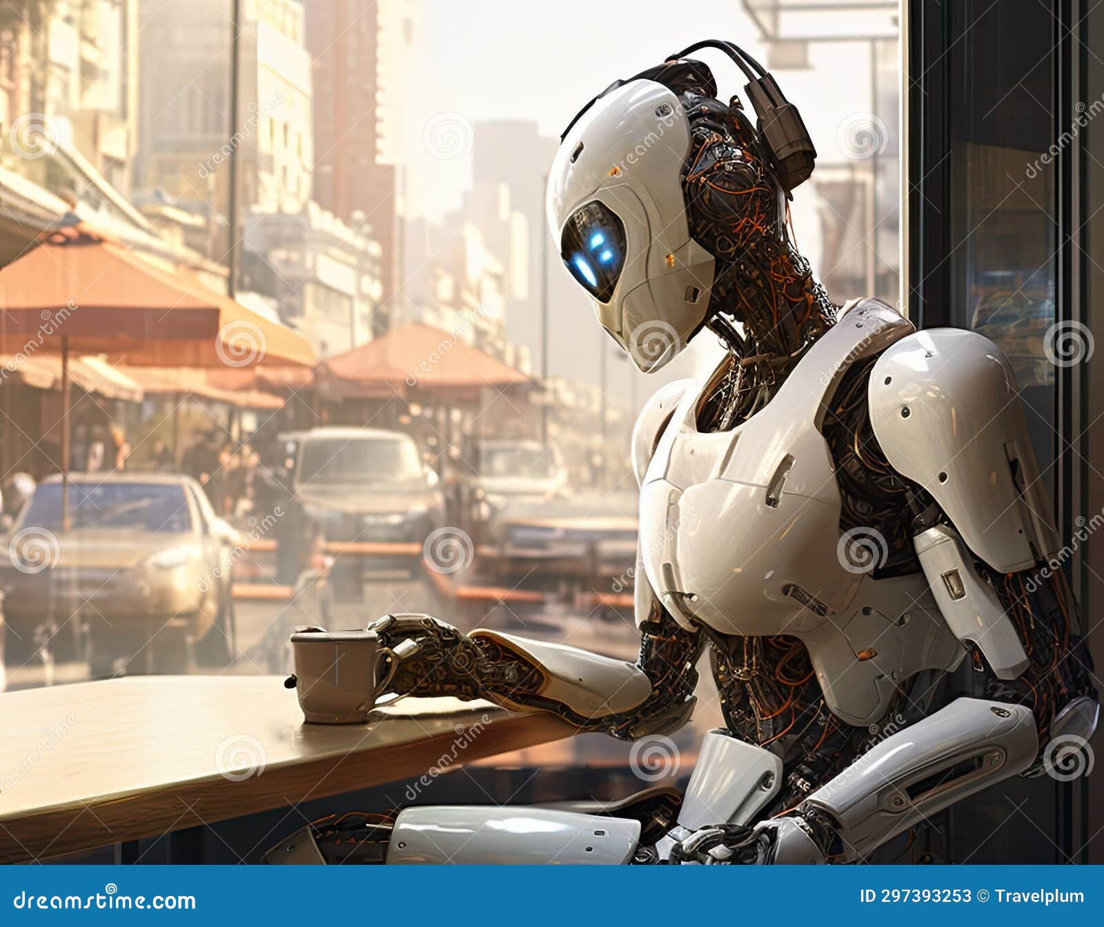 An Electric Humanoid Robot with White Plate Inserts Sits in a Cafe at a ...