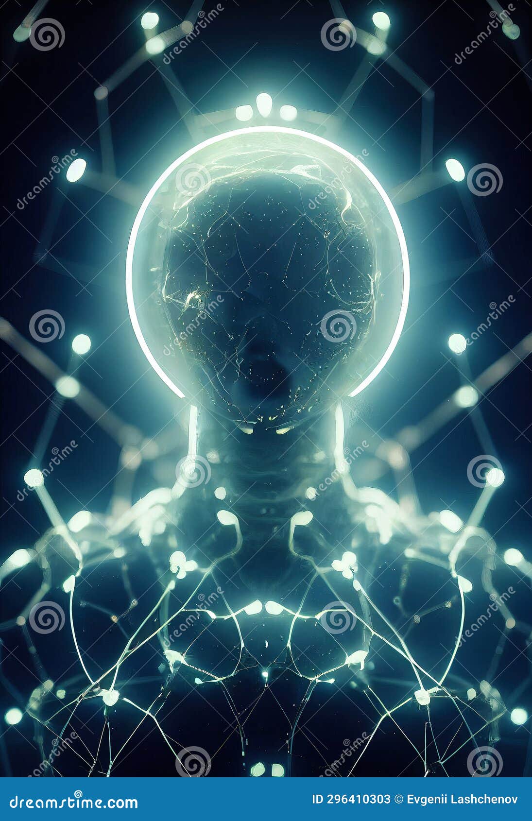 Electric Intelligence. Illuminated Humanoid AI in the Dark Blue Neural ...