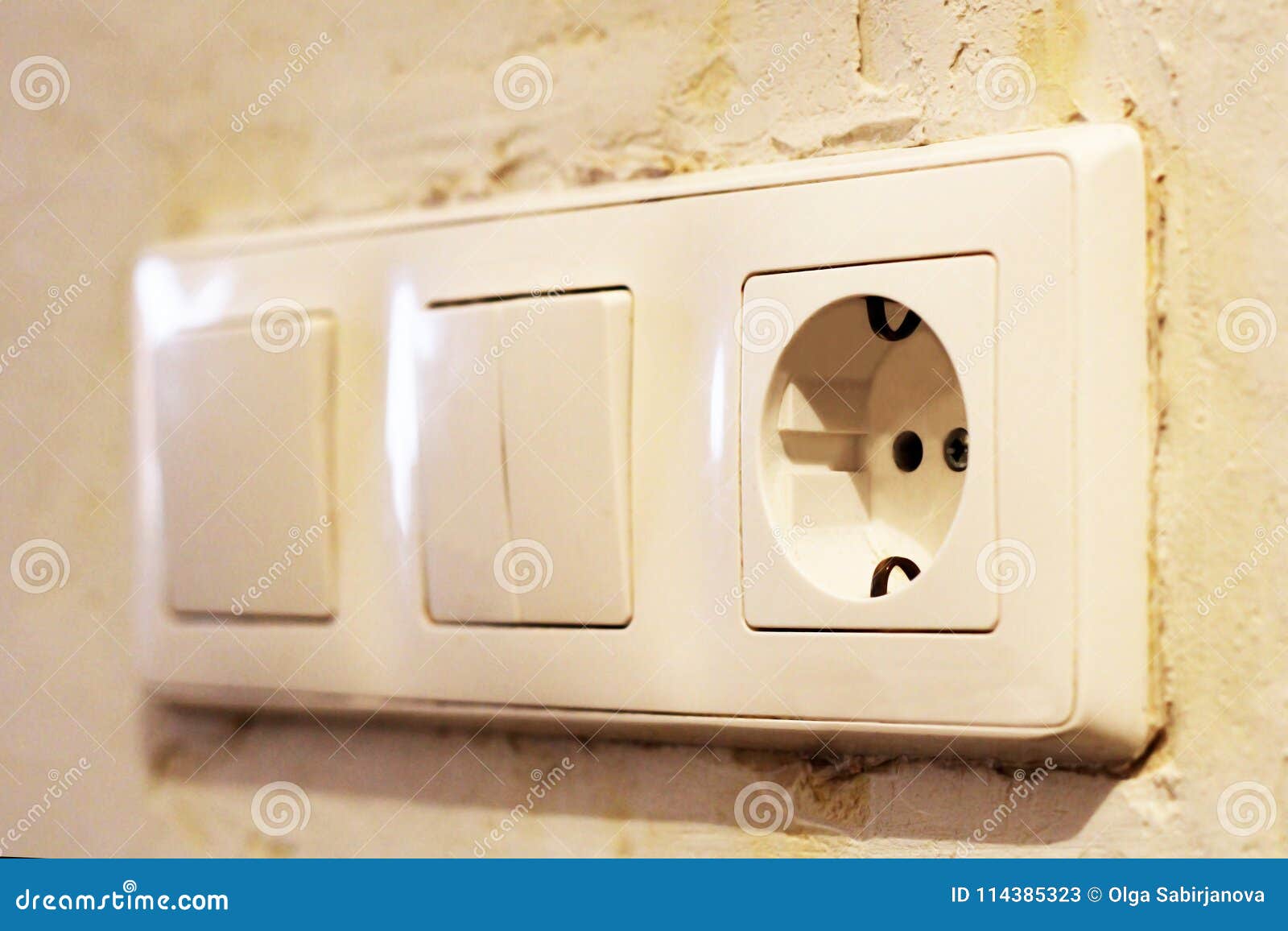 Electric Light Switch and Socket on the Empty Wall, Electrical Power ...