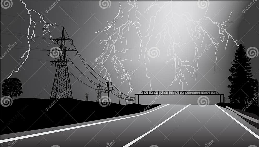 Electric Line and Road at Thunderstorm Stock Vector - Illustration of ...