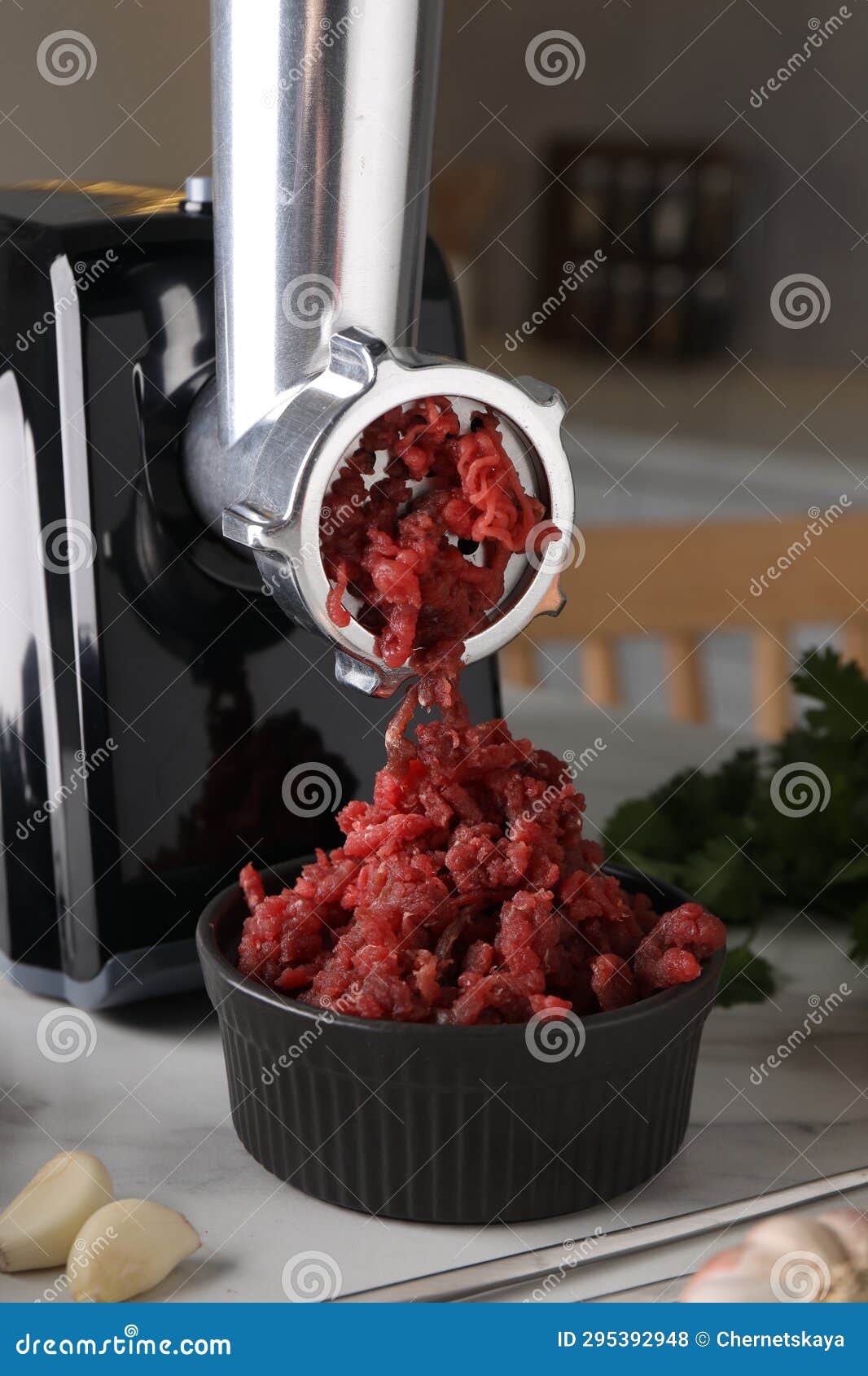 Electric Meat Grinder with Beef Mince and Products on White Marble ...