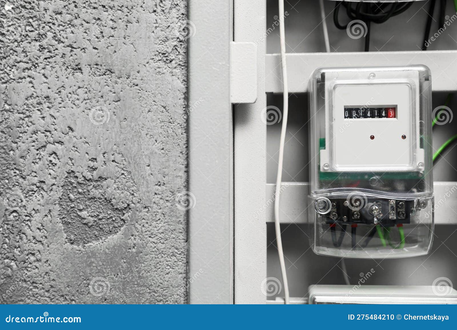 Electric Meter and Wires in Fuse Box, Space for Text Stock Photo ...