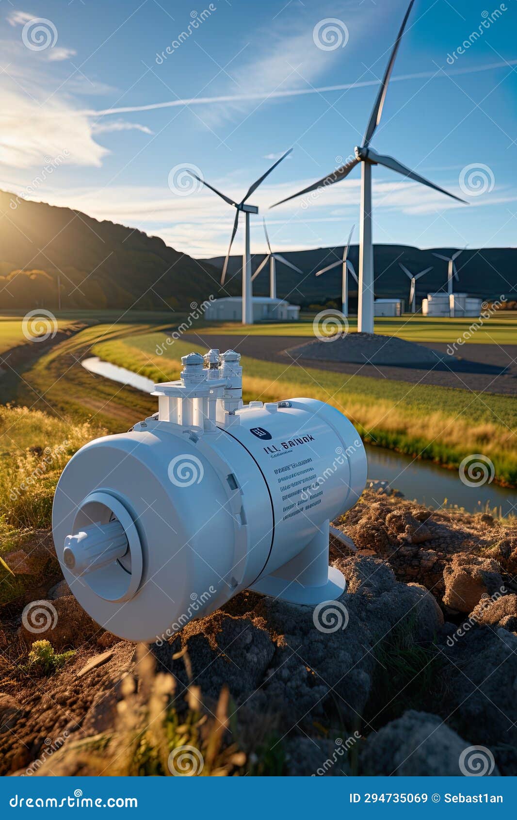 Electric Motor and a Backdrop of Towering Windmills, Symbolizing the ...