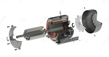 Electric Motor, Exploded Sectioned View 3D Rendering Isolated on White ...
