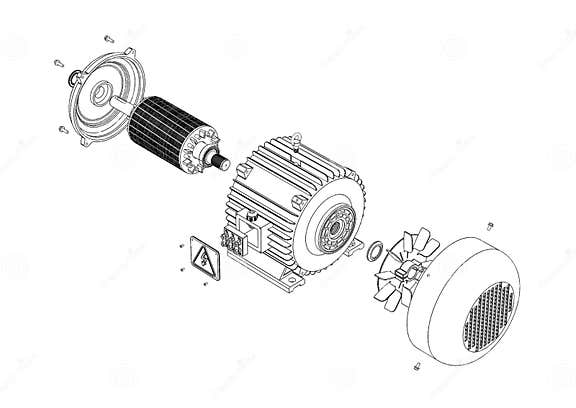 Electric Motor, Exploded View 3D Rendering in Black and White Isolated ...
