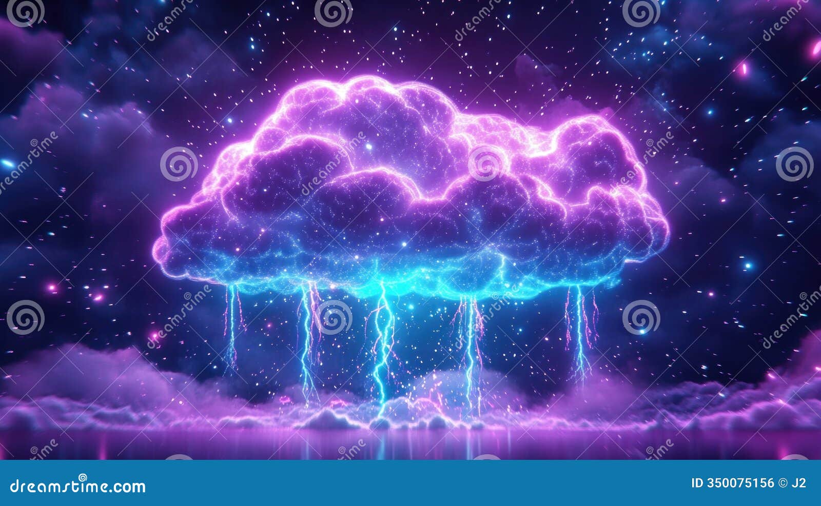 Electric Neon Cloud with Lightning in a Starry Night Sky Stock Photo ...