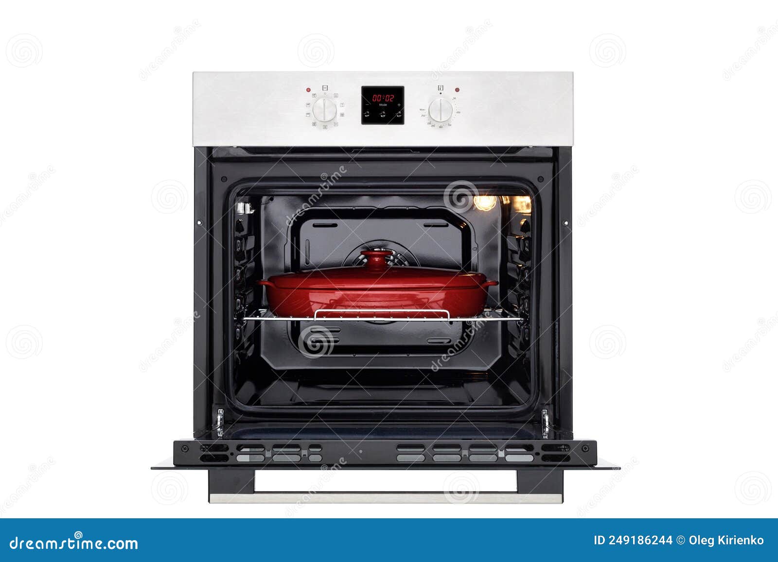 Electric Oven with Open Door, Illuminated and Red Baking Dish. Front ...