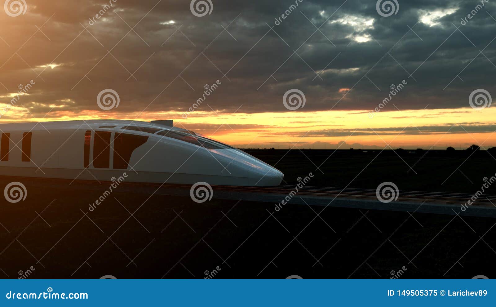Electric Passenger Train at Sunset Backlit by a Bright Orange Sunburst ...