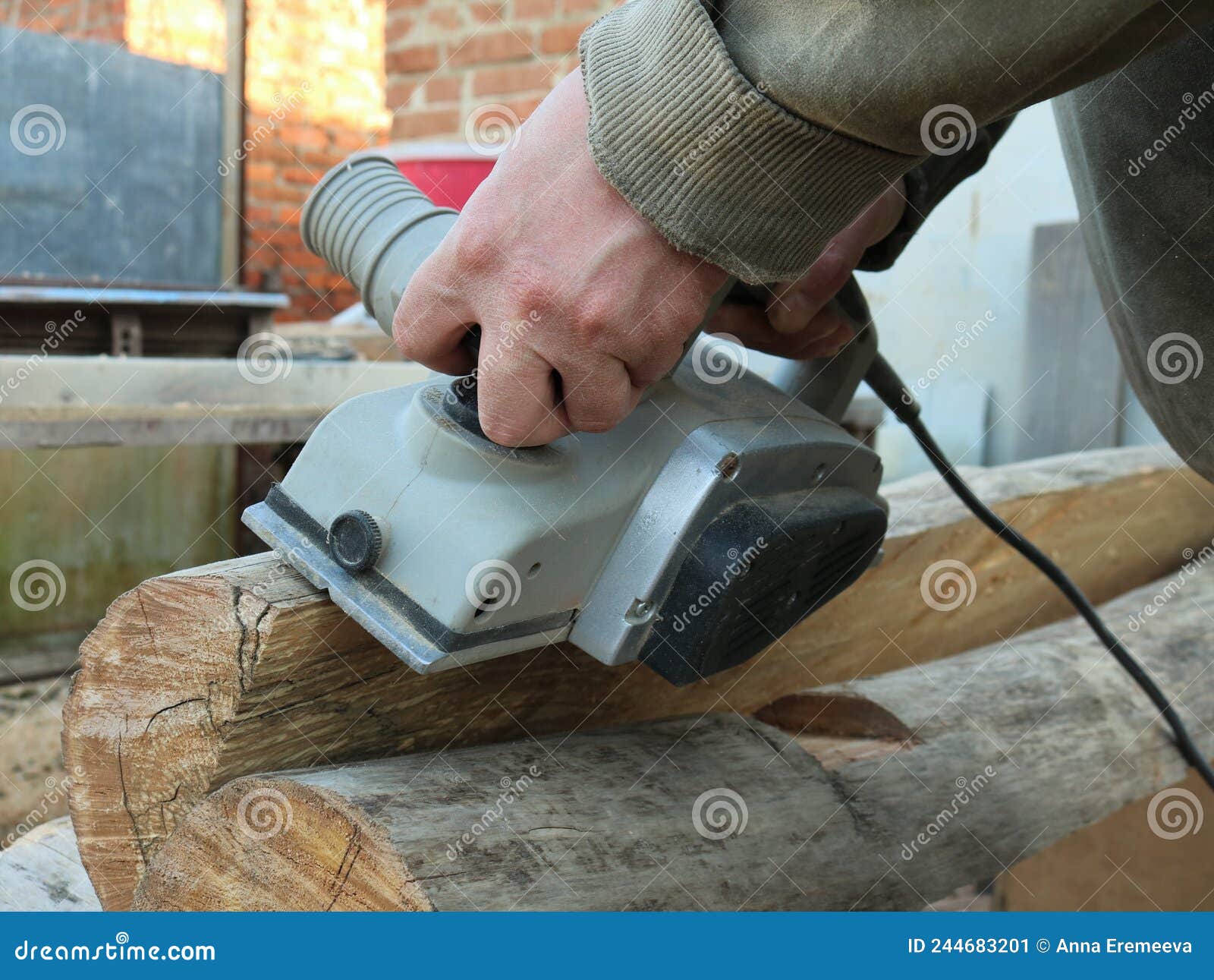 Electric Planer Processes the Surface of the Log Stock Image - Image of ...