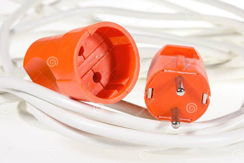 Electric Plug and Socket Red Color on White Wires Stock Photo - Image ...