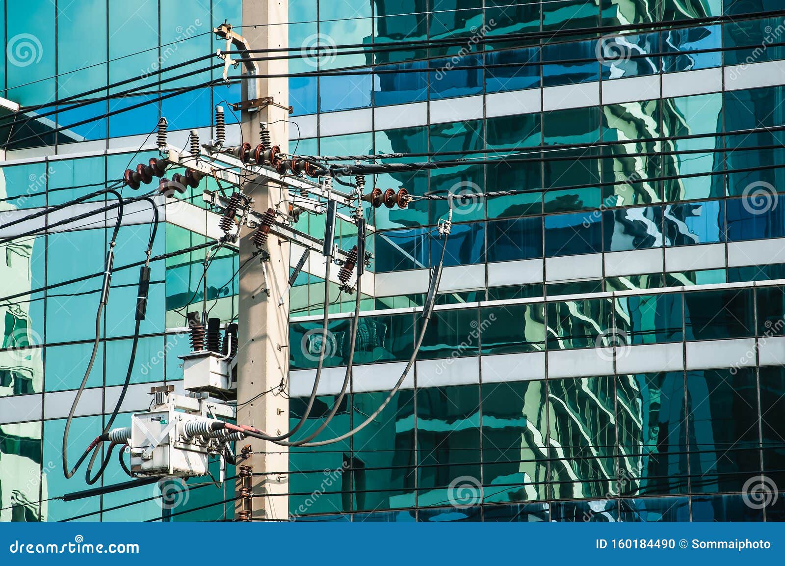 Electric Pole,electric Cable with Building Stock Photo - Image of power ...