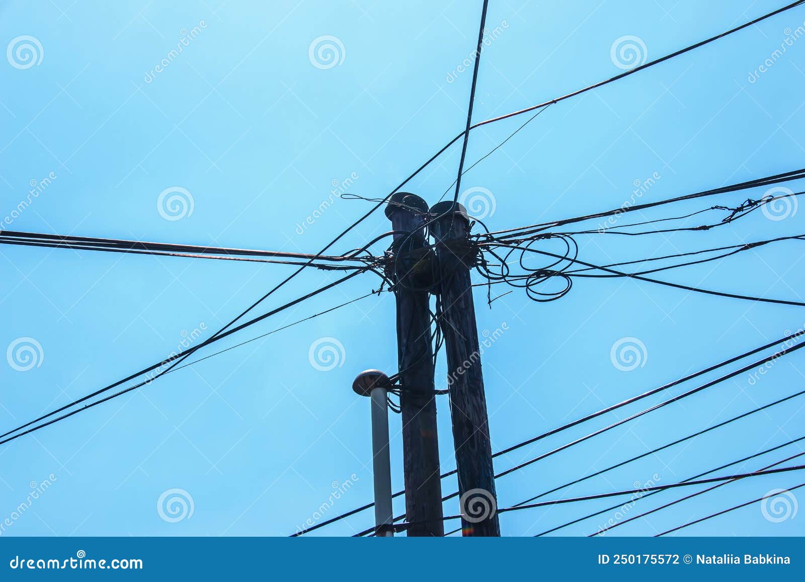 Electric Pole Power Lines Outgoing Electric Wires Againts on Cloud Blue ...