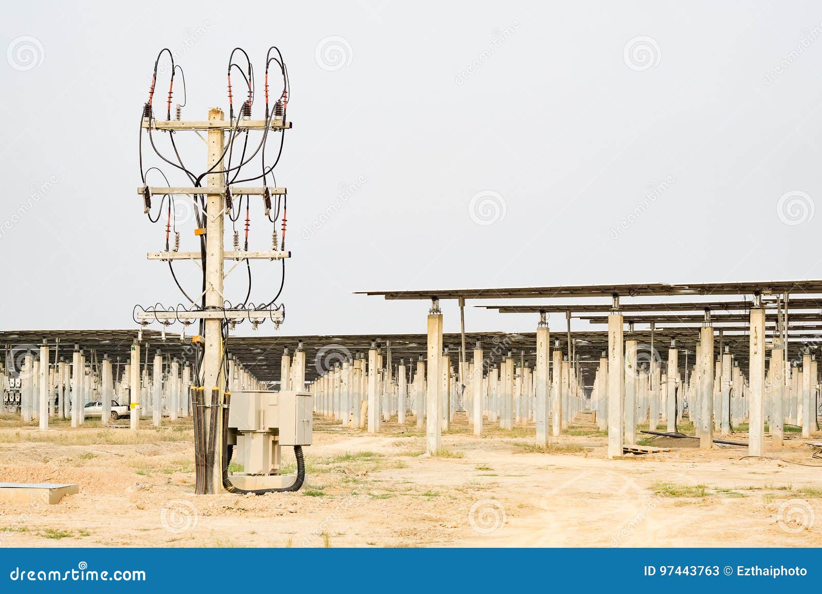 Electric Pole Power Lines in Solar Farm Stock Image - Image of energy ...