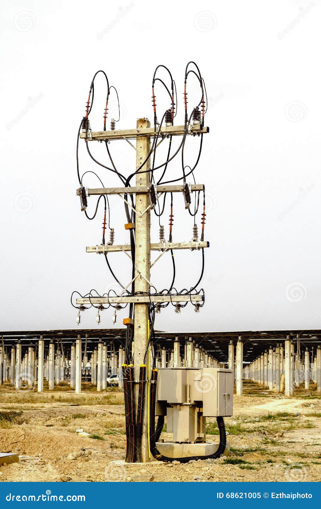 Electric Pole Power Lines in Solar Farm Stock Image - Image of isolator ...