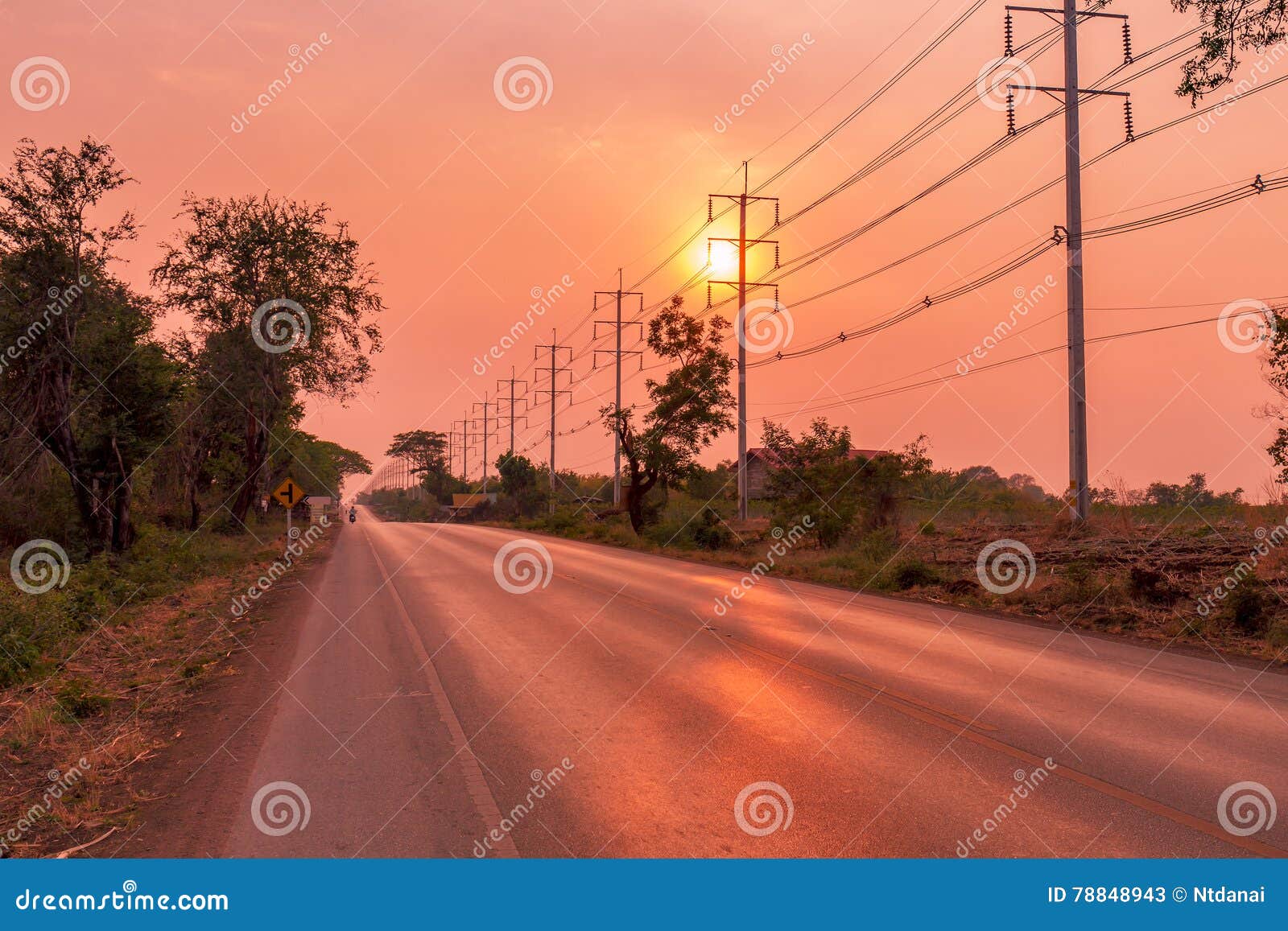 Electric Pole on Sunset Along the Road Stock Image - Image of pole ...