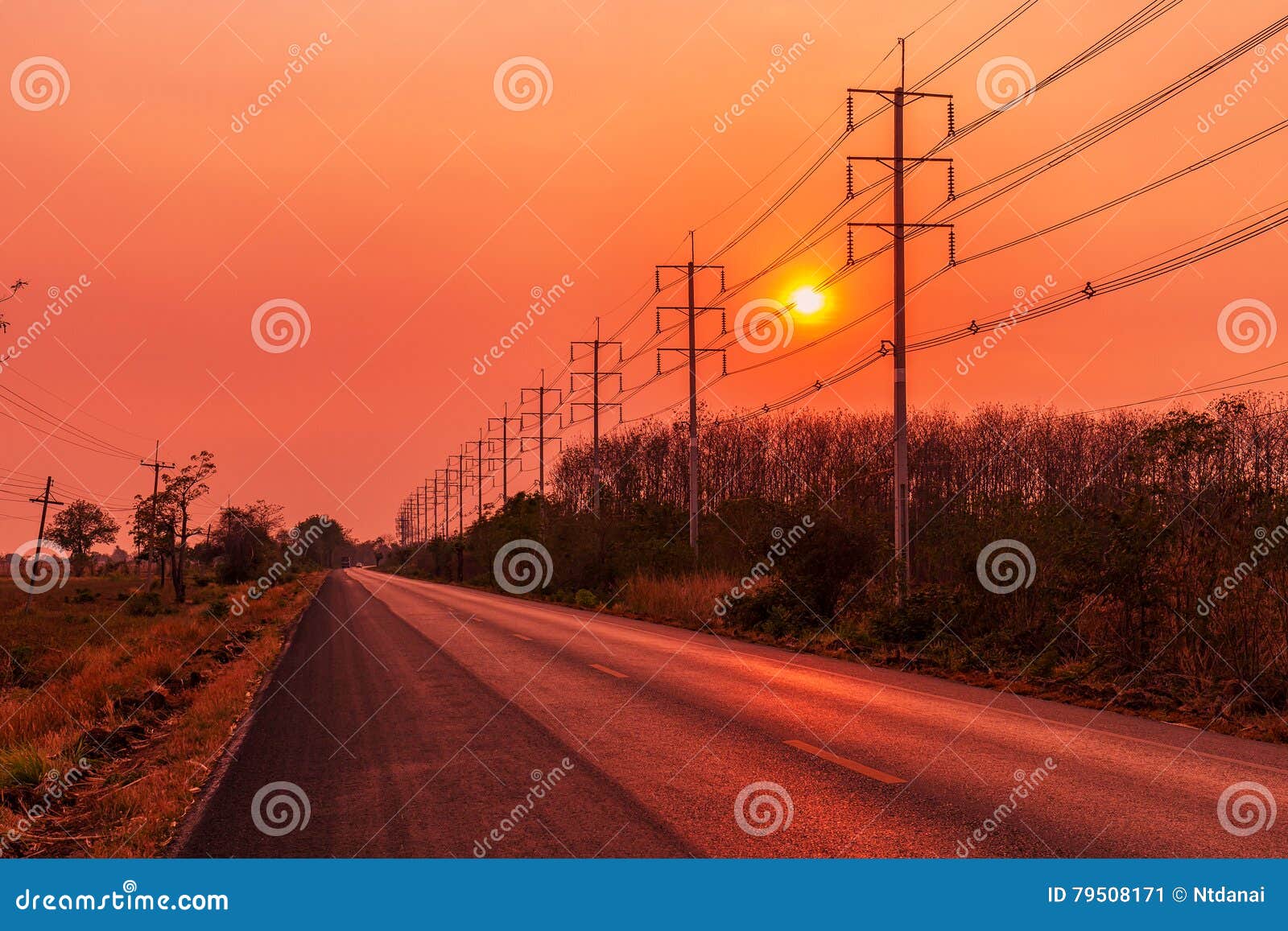 Electric Pole on Sunset Along the Road Stock Image - Image of high ...
