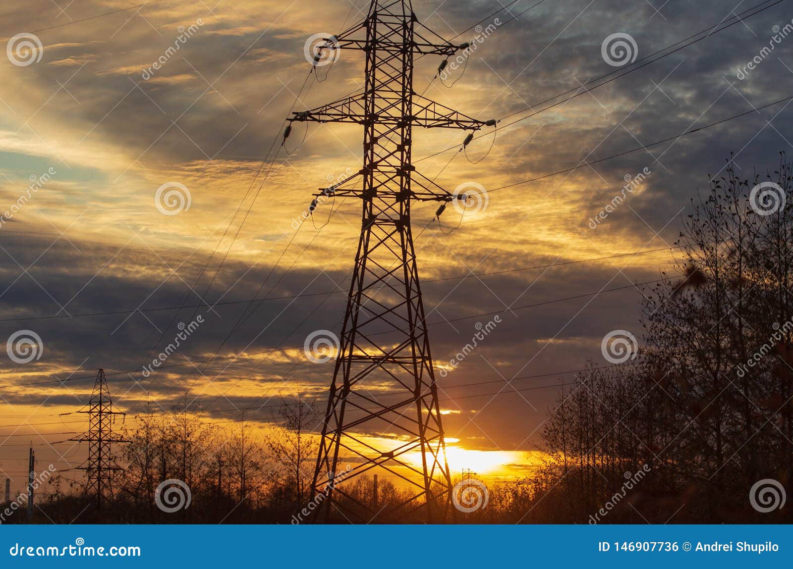 Electric Pole at Sunset As Background Stock Photo - Image of line ...
