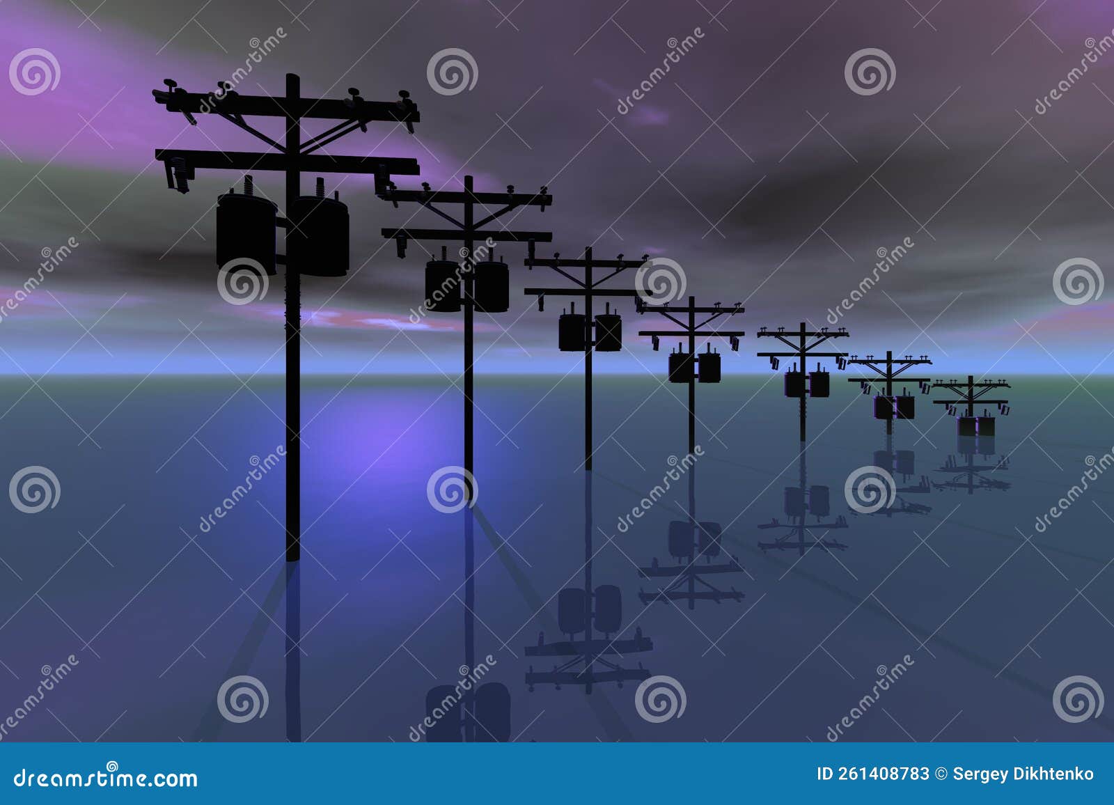 Electric Poles in Abstract Landscape Mirror Ground 3d Rendering Stock ...