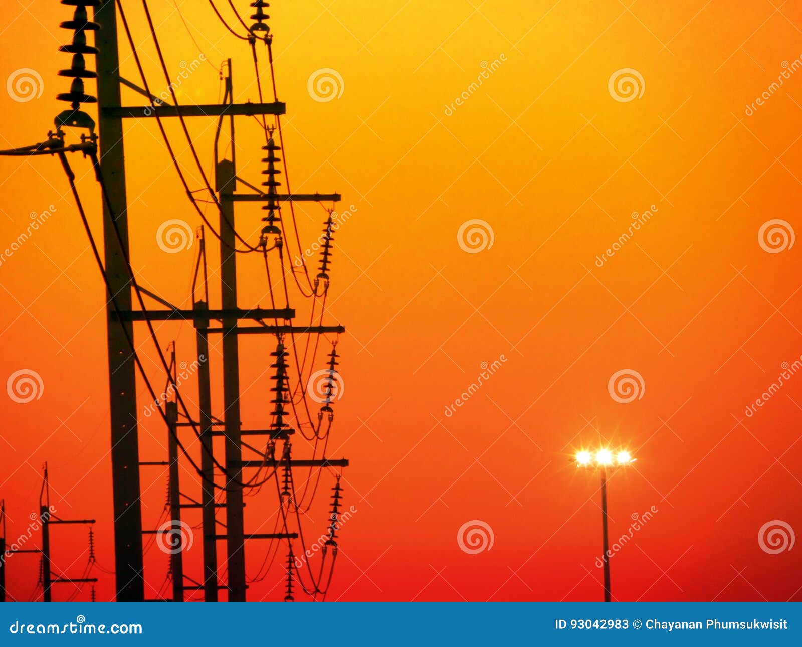 Electric Power Line and Last Light of Evening Sunset Stock Image ...