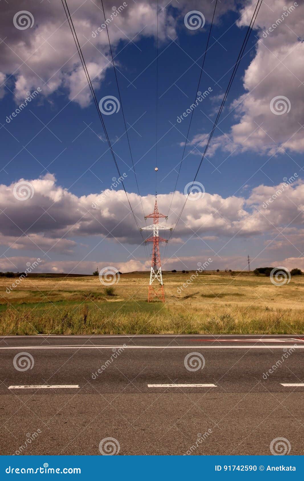 Electric Power Line and Road Stock Photo - Image of grassland ...