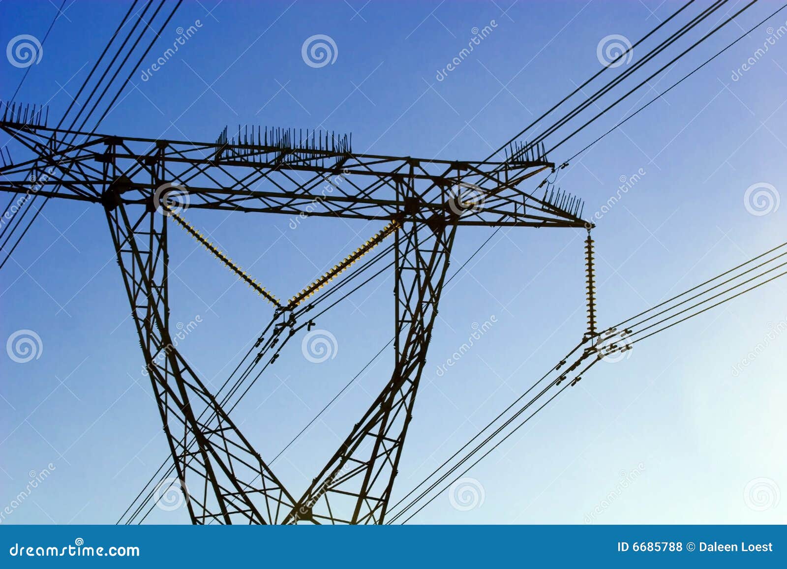 Electric Power Lines Against Blue Clear Sky Stock Photo - Image of pole ...