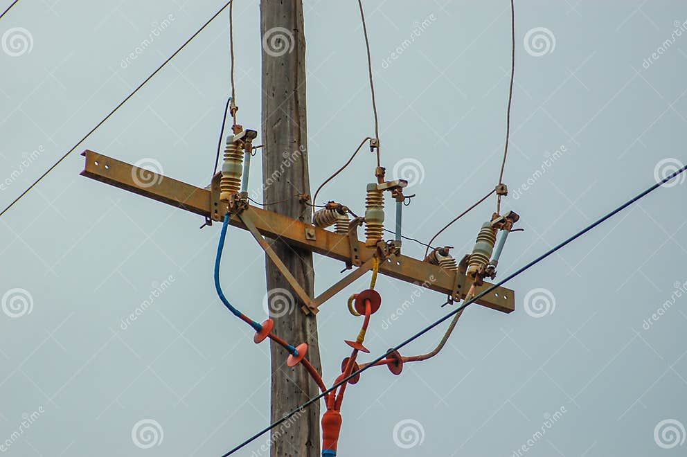 Electric Power Lines with Power Circuit Breakers Stock Photo - Image of ...