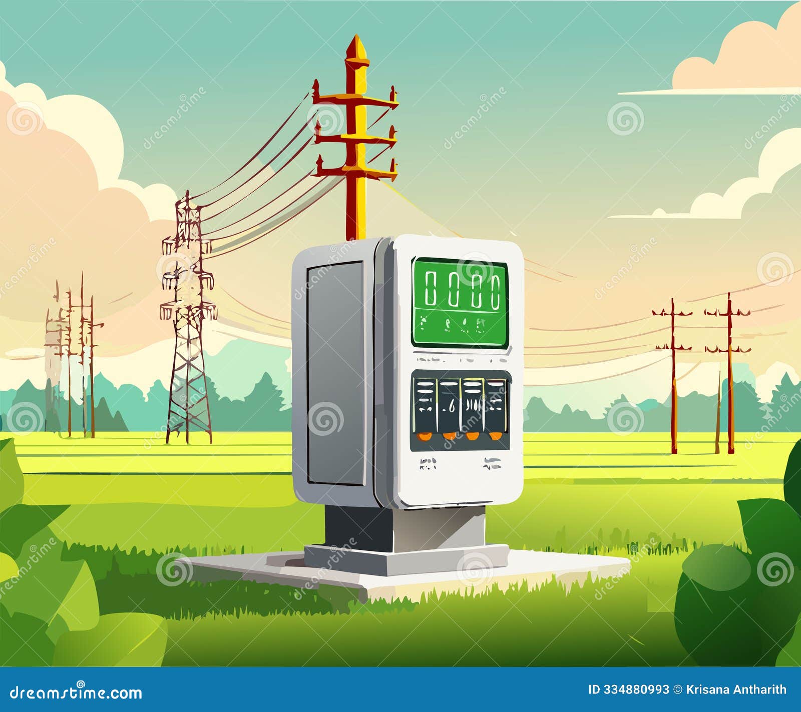 Electric Power Meter Measuring Power Usage with High Voltage Post. Watt ...