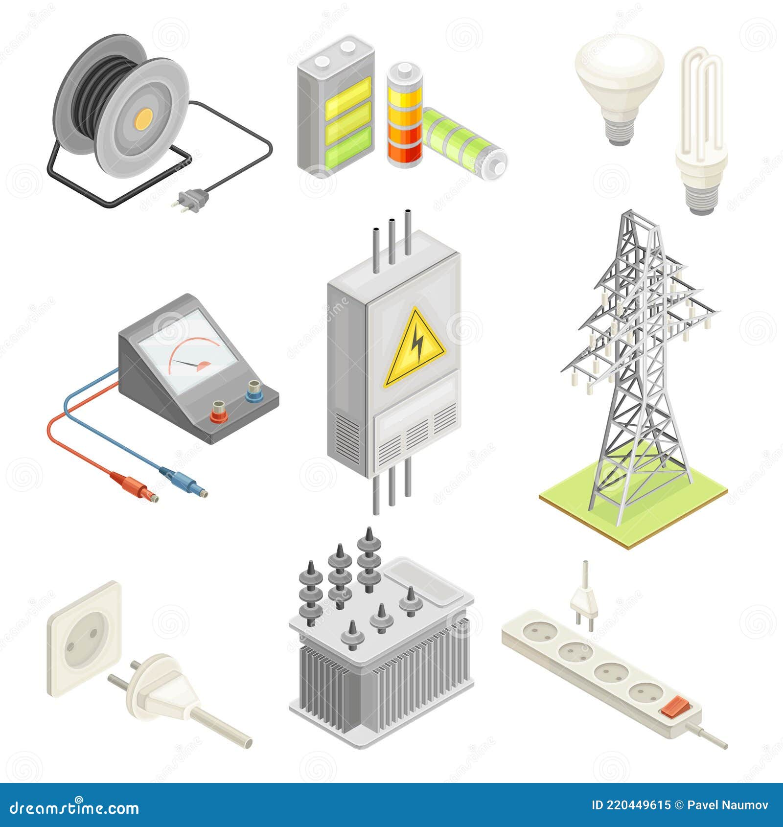 Electric Power Objects with Breaker Box, Socket and Lightbulb Isometric ...