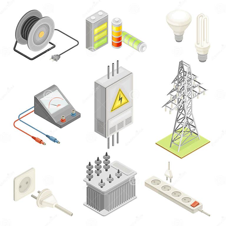 Electric Power Objects with Breaker Box, Socket and Lightbulb Isometric ...