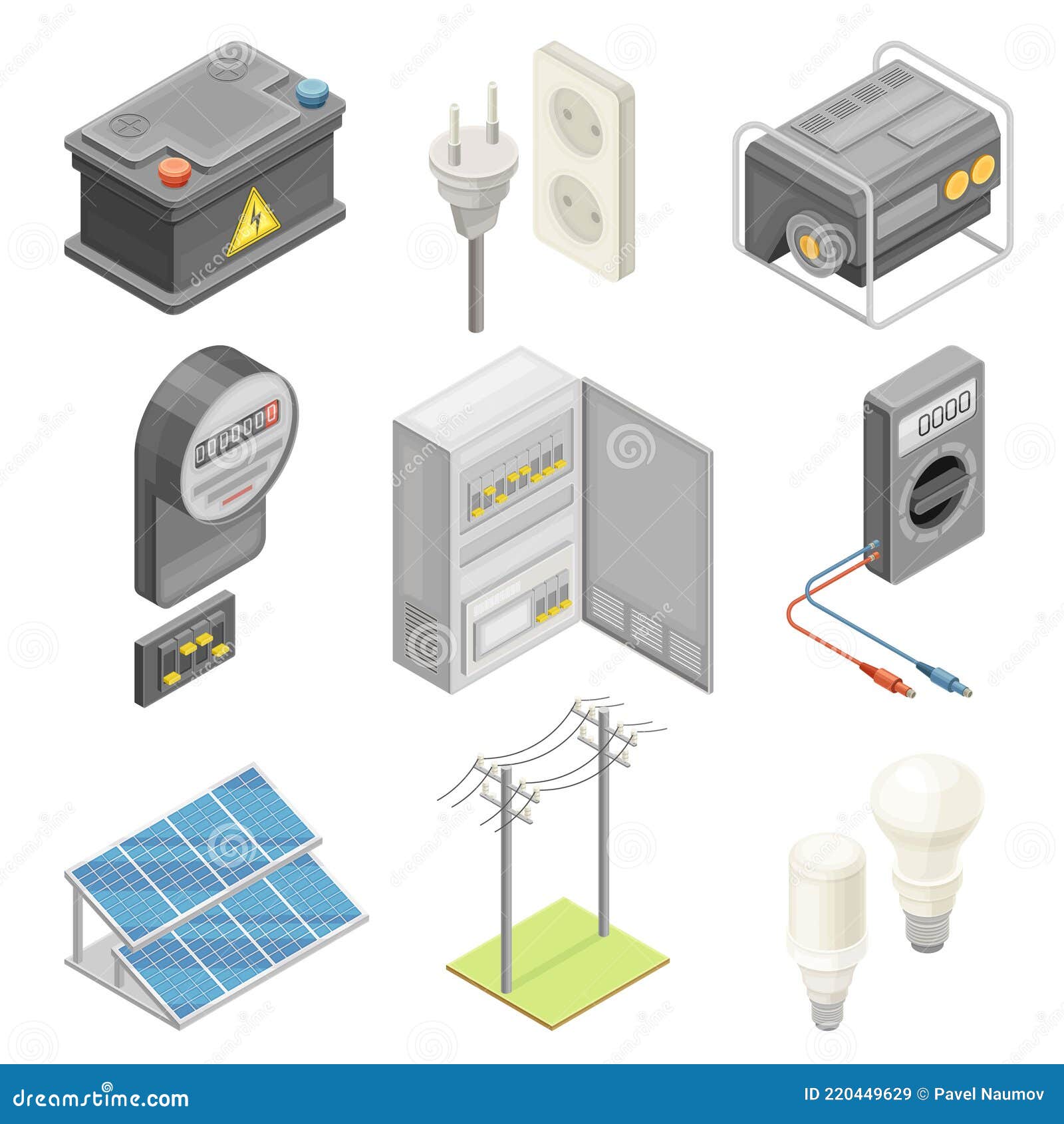 Electric Power Objects with Breaker Box, Socket and Lightbulb Isometric ...