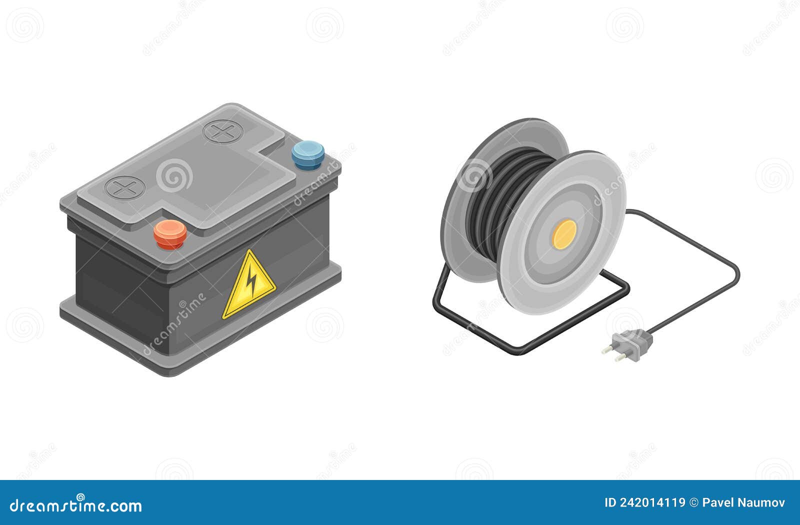 Electric Power Objects Set. Battery and Cable Isometric Vector ...