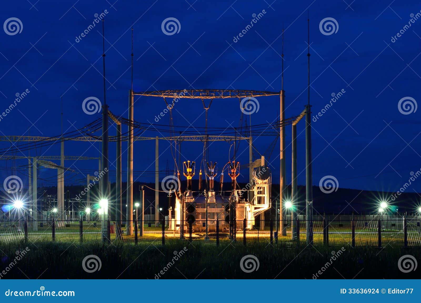 Electric Power Plant by Night #1 Stock Photo - Image of cables, detail ...
